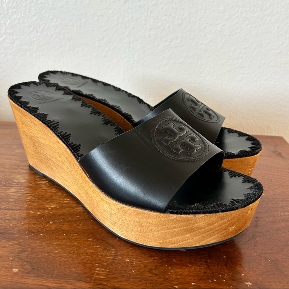 Tory Burch | Shoes | Tory Burch Black Leather Patti Wedge Slide Sandals ...